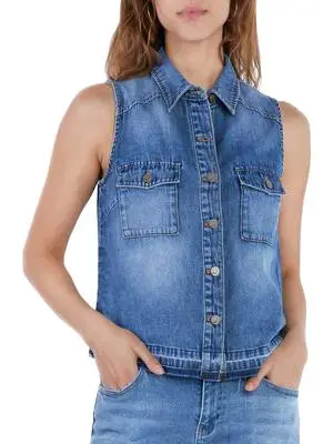 WASH LAB DENIM Clara Sleeveless Denim Button-up Shirt - Post Blue