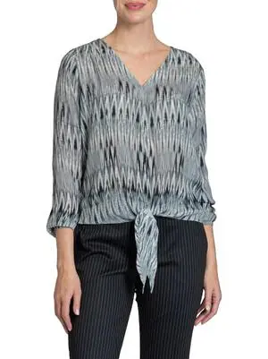 APNY Print V-neck Tie-front Top - Grey Multi