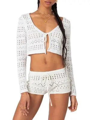 EDIKTED Betsy Open Stitch Tie Front Crop Cardigan - White