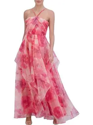Eliza J Floral A-line Chiffon Gown - Poppy