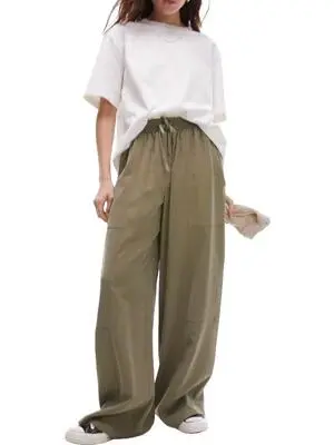 Topshop Wide Leg Drawstring Pants - Khaki Green