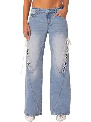 EDIKTED Lace-up Wide Leg Jeans - Light-blue