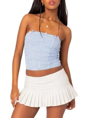 EDIKTED Veronika Strapless Ruched Mesh Top - Light-blue
