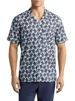 Johnston & Murphy Leaf Print Cotton And Modal Camp Shirt - Blue