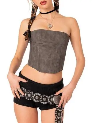 EDIKTED Christa Faux Leather Corset Crop Top - Gray