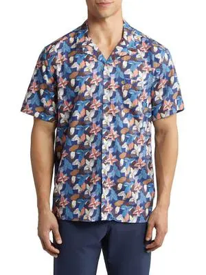 Johnston & Murphy Abstract Floral Cotton And Modal Camp Shirt - Navy