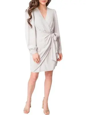 GIBSONLOOK Long Sleeve Faux Wrap Mini Dress - Silver