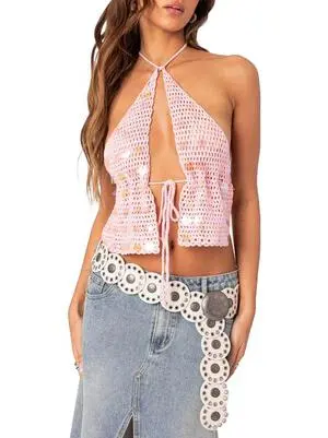 EDIKTED Backless Paillette Crochet Halter Top - Pink