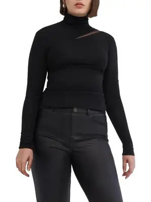 MARCELLA Vee Mesh Cutout Turtleneck Top Black