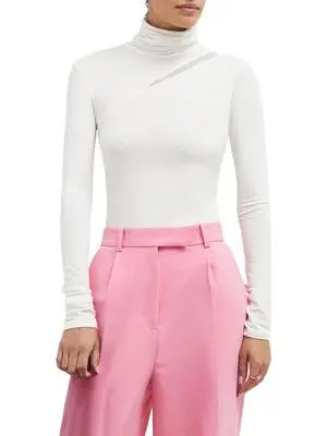 MARCELLA Vee Mesh Cutout Turtleneck Top - Off White