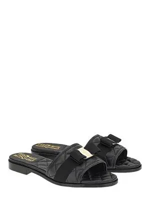 FERRAGAMO Lovec Q Bow Accent Quilted Slide Sandals - Nero