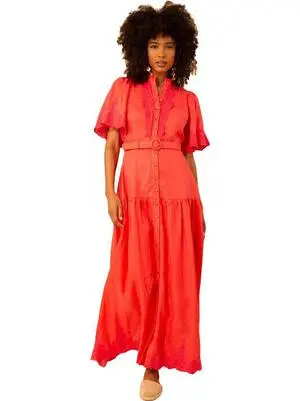 Hale Bob Haven Embroidered Linen Maxi Dress - Red / Orange
