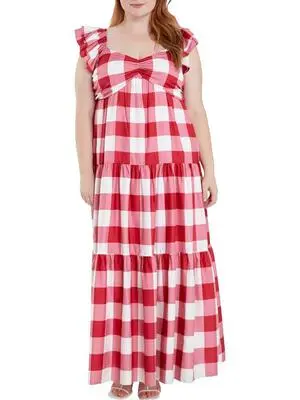English Factory Gingham Tiered Maxi Dress - Red/white