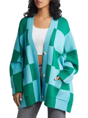 DRESSED IN LALA Oversize Checkerboard Cardigan - Emerald/ Sky