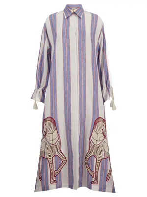 PAULA Embroidered Striped Linen Dress - Blue