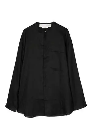 Isabel Benenato Band-collar Linen Shirt - Black