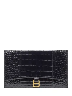 Balenciaga Hourglass Crocodile Embossed Flat Pouch - Black