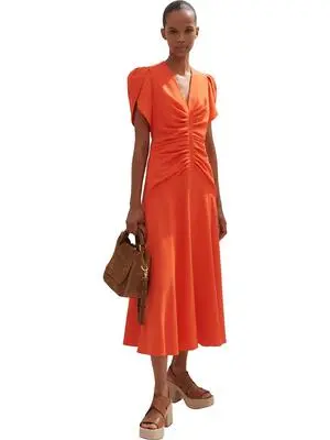 ME+EM Textured Pleat Front Midi Dress - Orange