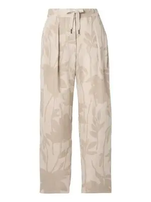 Brunello Cucinelli Pleated Floral-print Linen Tapered Pants - Neutrals
