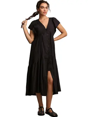Anthropologie Reneé Flutter-Sleeve Linen Button-Front Midi Dress Black