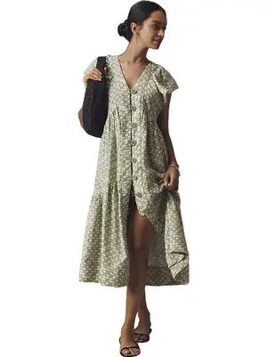 Anthropologie Reneé Flutter-Sleeve Linen Button-Front Midi Dress Multicolor