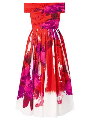 Erdem Off-the-shoulder Pleated Printed Cotton-faille Midi Dress - Red