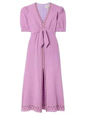 Saloni Jamie Tie-detailed Embroidered Midi Dress - Purple