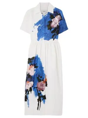 Erdem Gathered Floral-print Cotton-blend Faille Midi Shirt Dress - Blue