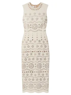 Oscar De La Renta Crystal-Embellished Broderie Anglaise Midi Dress Cream