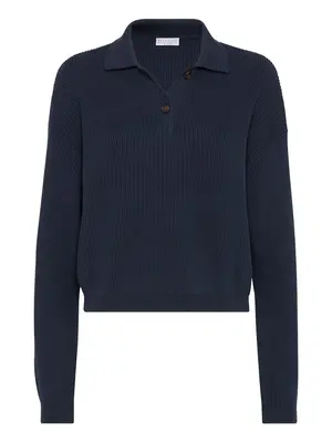 Brunello Cucinelli Ribbed-knit Cotton Polo Shirt - Blue
