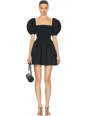 Matteau Shirred Peasant Mini Dress - Black