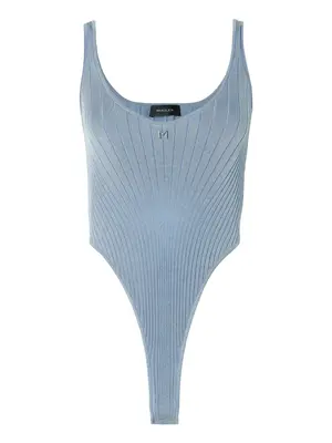 MUGLER Embellished Ribbed Stretch-knit Bodysuit - Blue