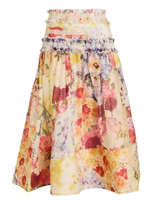 Zimmermann Ruffled Floral-print Linen And Silk-blend Gauze Midi Skirt - Yellow
