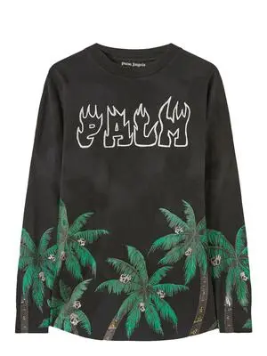 Palm Angels Palms And Skull Over Tee Long-sleeve /green - Black