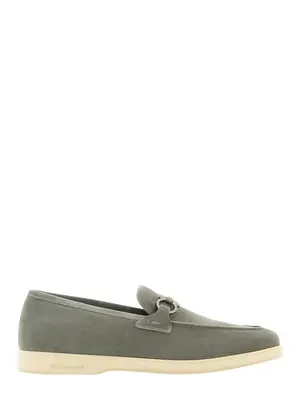 FERRAGAMO Suede Loafers With Gancini Ornament - Grey