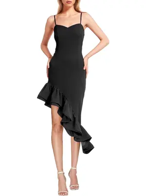 Badgley Mischka Asymmetric Ruffle Hem Sleeveless Dress - Black