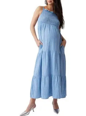 Ingrid & Isabel® Smocked Linen Blend Maternity Maxi Dress - Blue/white Stripe