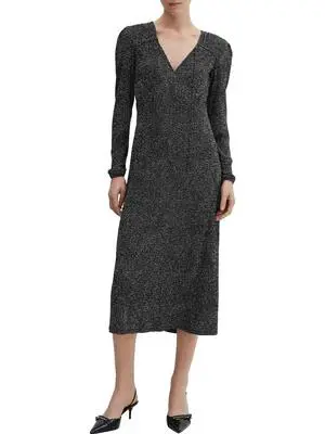 Mango MANGO Dot Split Neck Long Sleeve Midi Dress Black