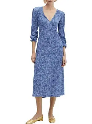 Mango Dot Split Neck Long Sleeve Midi Dress - Blue