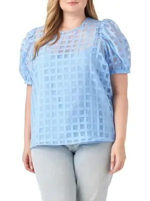 English Factory Sheer Plaid Top With Puff Sleeves - Blue