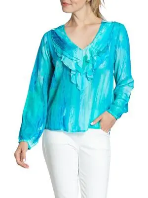 APNY Watercolor Print Ruffle V-neck Chiffon Top - Aqua