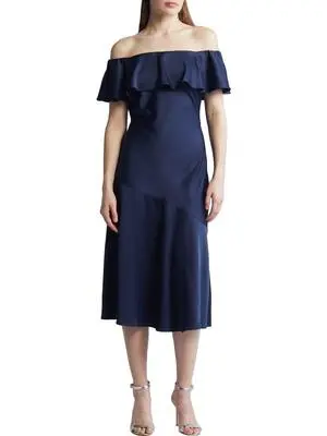 Sam Edelman Sam Edelman Off-the-Shoulder A-Line Satin Midi Dress Navy