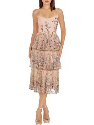 Dress The Population Loretta Floral Embroidery Midi Dress - Blush Multi
