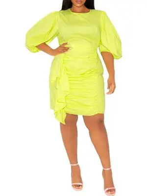 BUXOM COUTURE Puff Sleeve Ruffle Dress - Apple Green