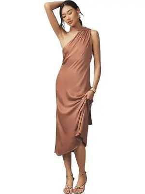 Bhldn Nicoletta One-shoulder Scarf Satin Midi Dress - Cedar