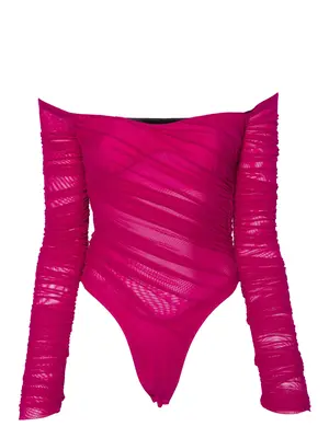 MUGLER Off-shoulder Ruched Bodysuit - Pink
