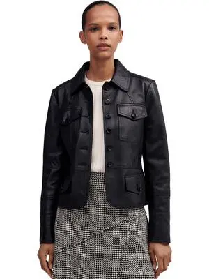 ME+EM Fitted Washed Leather Utility Jacket - Black
