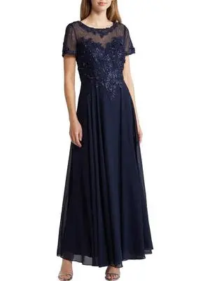 XSCAPE EVENINGS Beaded Mesh Gown - Navy