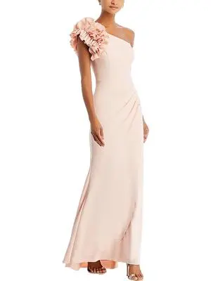 Aqua One Shoulder Ruffle Crepe Gown - Blush