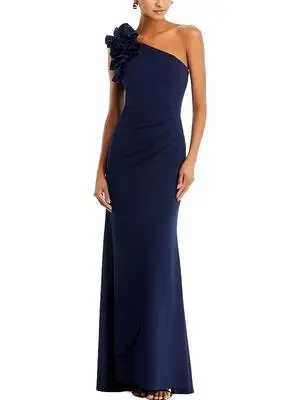 Aqua One Shoulder Ruffle Crepe Gown - Navy